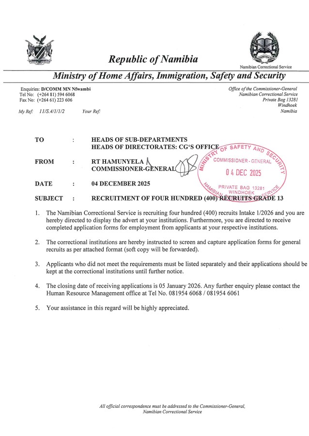 Namibian Correctional Service Announces Recruitment of 400 New Recruits ...